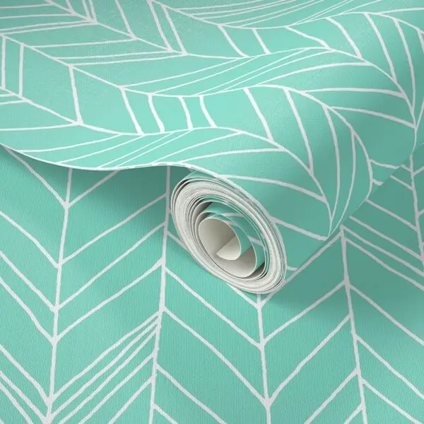 Spoonflower Mint White Large Chevron Herringbone Geometric Custom Pre-pasted Wallpaper - Blue,white,teal