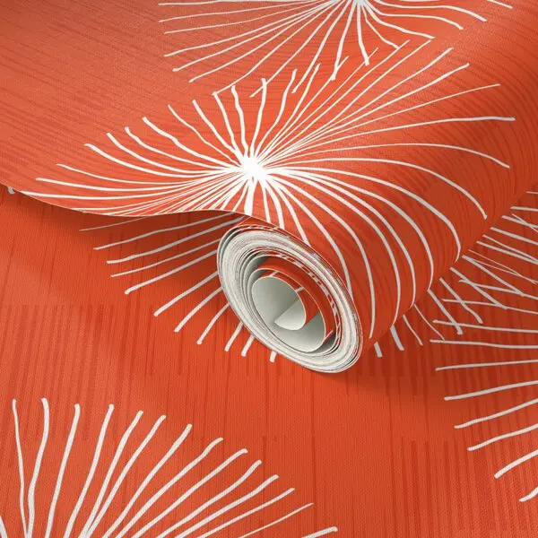 Spoonflower Dandelions Red Retro Mod Mid Century Modern Custom Pre-pasted Wallpaper - Pink,orange