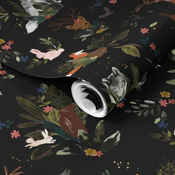 Spoonflower Flowers Deer Owls Animals Rabbit Bunny Wolf Custom Pre-pasted Wallpaper - Gray,brown,green