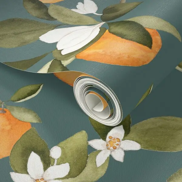 Spoonflower Leaves Teal Blossoms Fruit Citrus Summer Oranges Custom Pre-pasted Wallpaper - Orange,green,gray