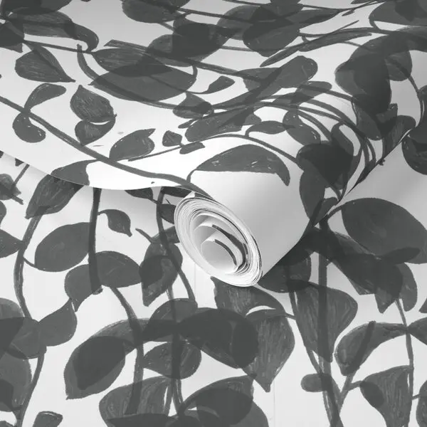 Spoonflower Black And White Leaves Frida Modern Farmhouse Custom Pre-pasted Wallpaper - White,gray