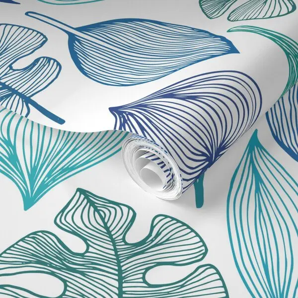 Spoonflower Blue Leaves Pattern Plants Trees Forest Nature Traditional Wallpaper
