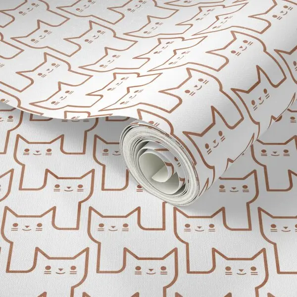 Spoonflower Line Cats Sienna White Cat Pets Pet Art Custom Pre-pasted Wallpaper - Brown,white,gray