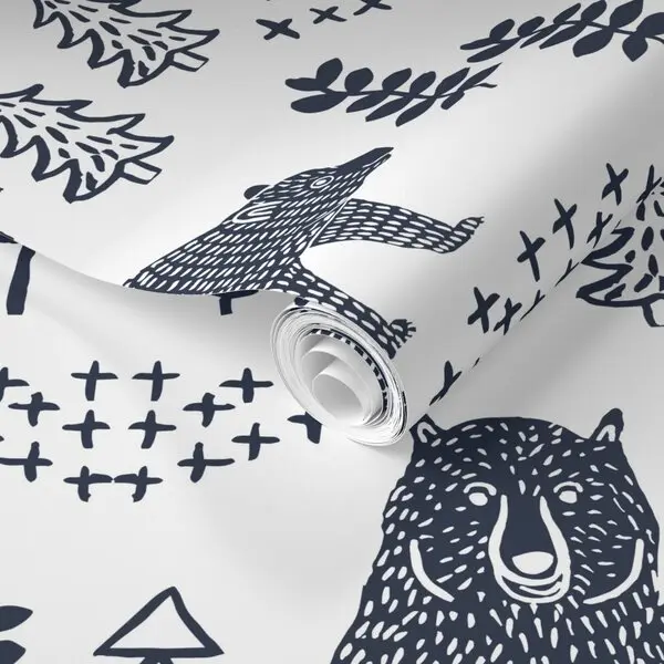 Spoonflower Navy Woodland Bears And Trees Traditional Wallpaper