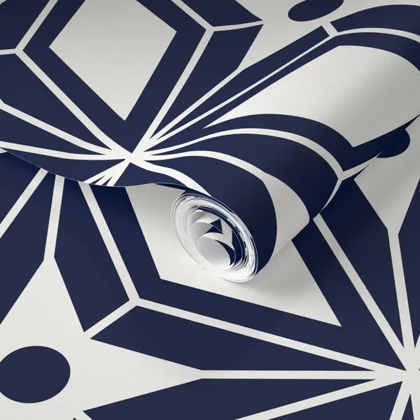Spoonflower Mid Century Modern Geometric Retro Vintage Custom Pre-pasted Wallpaper - Blue,white,navy