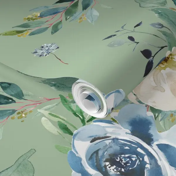 Spoonflower White And Blue Forals On Green Custom Pre-pasted Wallpaper