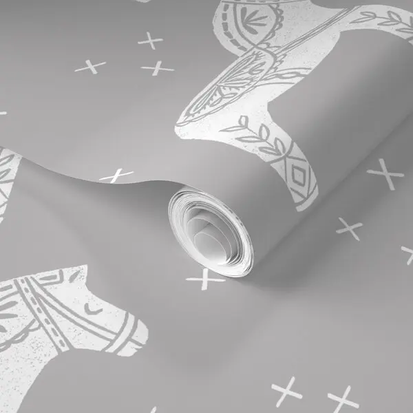 Spoonflower Grey Nursery Dala Horse Scandinavian Scandi Custom Pre-pasted Wallpaper