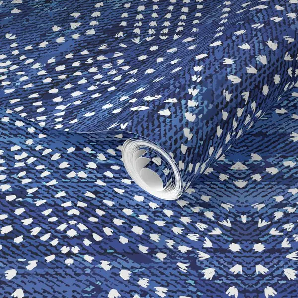 Spoonflower Blue Dot Indigo Woven Texture Bohemian Custom Pre-pasted Wallpaper - Blue,indigo