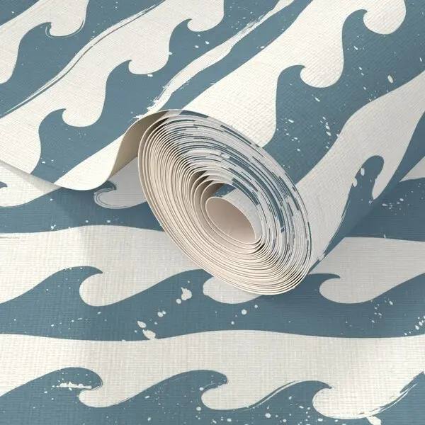 Spoonflower Waves Splashing In Island Breeze Surf Hawaii 100% Natural Sisal Grasscloth Wallcovering - Blue,beige,aqua