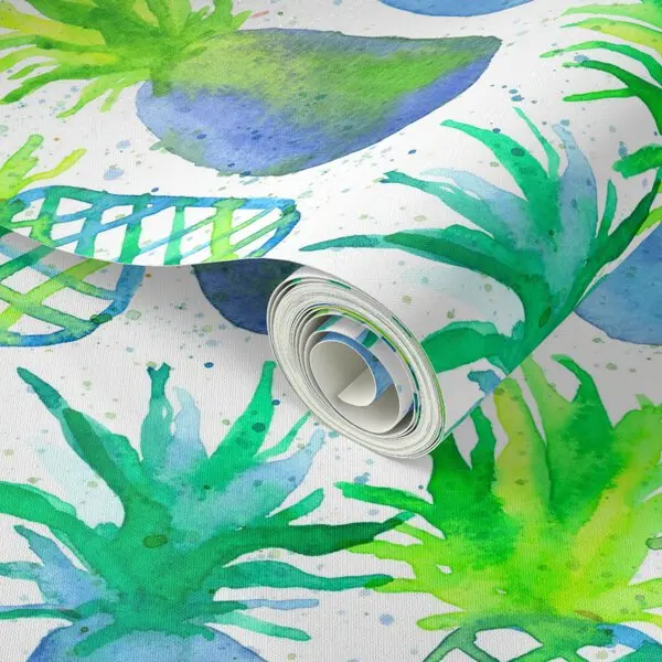 Spoonflower Pineapples Blue Pineapple Fruit Watercolor Custom Removable Wallpaper - Blue,white,green