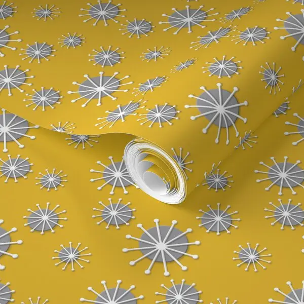 Spoonflower White Yellow Retro Polka Dots Mid Century Custom Pre-pasted Wallpaper - Yellow,gray,brown