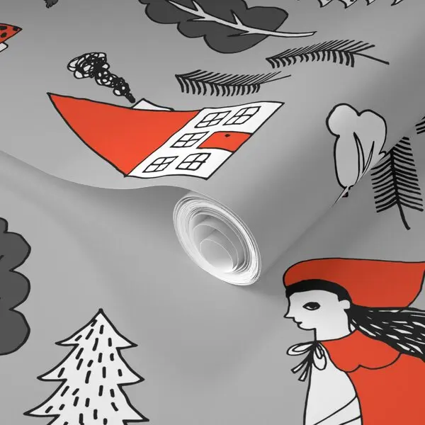 Spoonflower Grey Nursery Red Riding Hood Fairy Tale Custom Removable Wallpaper - Gray,red,black