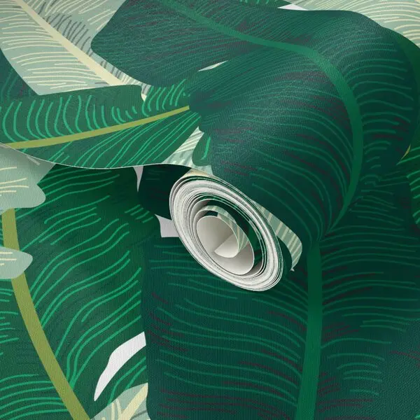 Spoonflower Leaves Preppy Tropical Bohemian Botanical Custom Pre-pasted Wallpaper