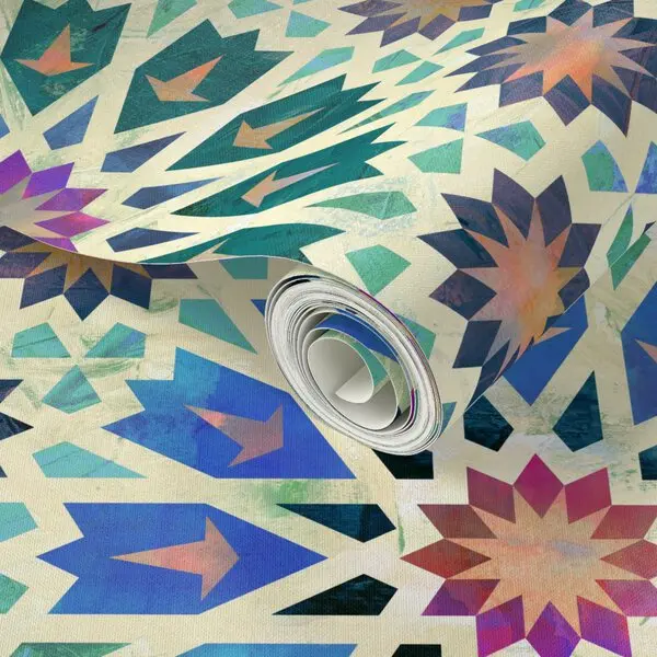 Spoonflower Geometric Moroccan Tiles Bohemian Painted Boho Custom Pre-pasted Wallpaper - Green,white,blue