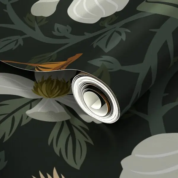Spoonflower White Leaves Vines Floral Classy Dark Wallpaper Custom Pre-pasted Wallpaper - Black,green,beige