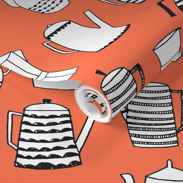Spoonflower Vintage Retro Orange Coffee Teapot Scandi Custom Removable Wallpaper