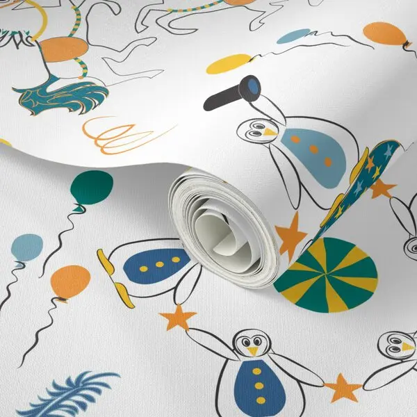 Spoonflower Green Yellow Acrobats Circus Animals Snow Fire Traditional Wallpaper
