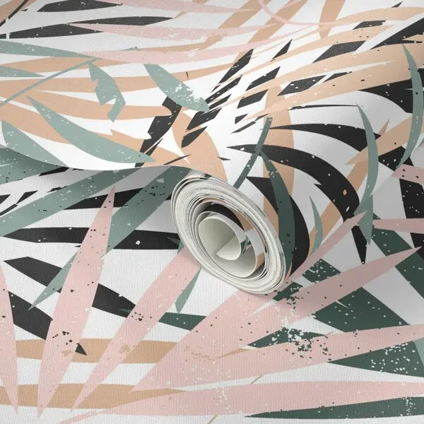 Spoonflower Tropical Palm Leaves Pattern Custom Removable Wallpaper - White,gray,mint