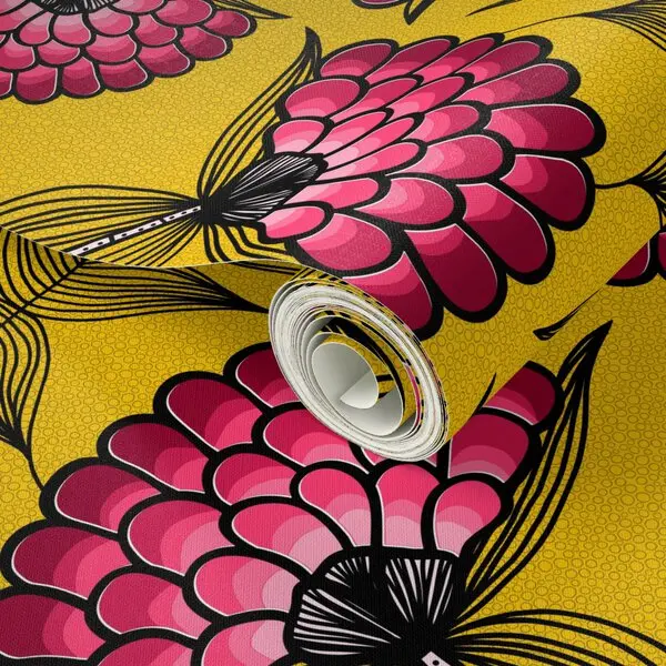 Spoonflower Pink Yellow Floral Pattern Art Bold Colorful Traditional Wallpaper - Yellow,pink,black