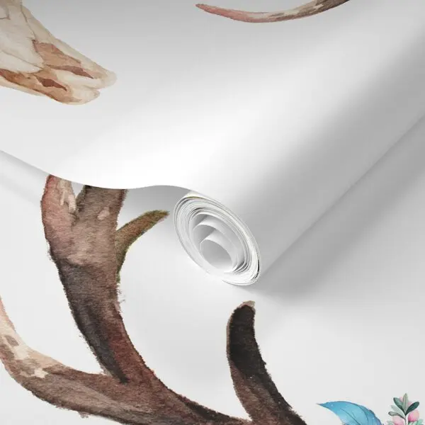 Spoonflower Pink Flowers Floral Skull Feathers Nursery Traditional Wallpaper - White,gray,green
