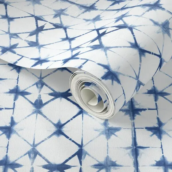 Spoonflower Shibori Smaller Indigo Tie Dye Diamonds Squares Custom Pre-pasted Wallpaper - White,blue,indigo