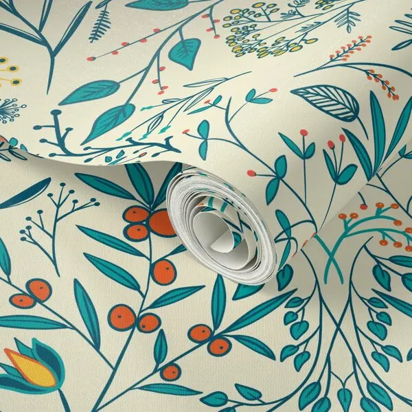 Spoonflower Damask Light Yellow Background Traditional Wallpaper - Beige,blue,sage