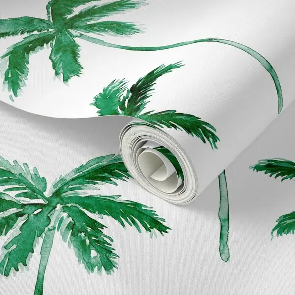 Spoonflower Green Palm Tree Watercolor Summer Traditional Wallpaper