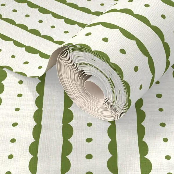 Spoonflower Moss Green Scalloped Stripes And Polka Dots 100% Natural Sisal Grasscloth Wallcovering - White,green