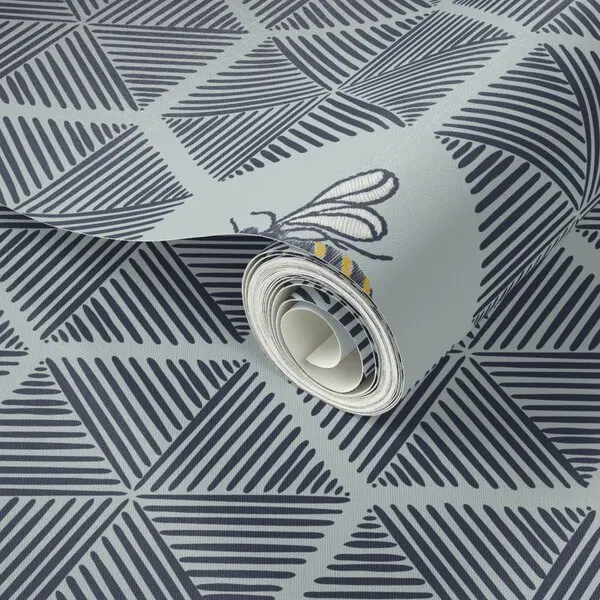 Spoonflower Stitched Bees And Honeycomb Dark Blue Traditional Wallpaper