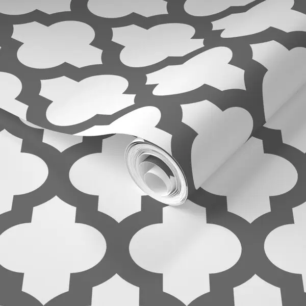 Spoonflower Moroccan Quatrefoil Lattice Gray White Custom Pre-pasted Wallpaper - Gray,white