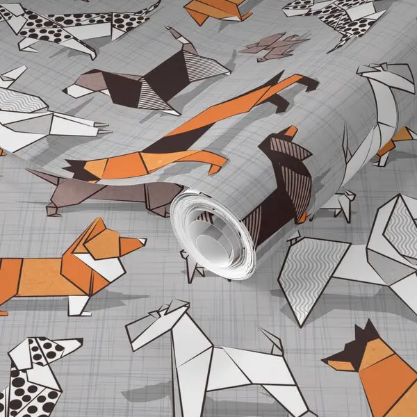 Spoonflower Origami Gray Dogs Year Chihuahua Dachshund Corgi Custom Removable Wallpaper - Gray,red,brown