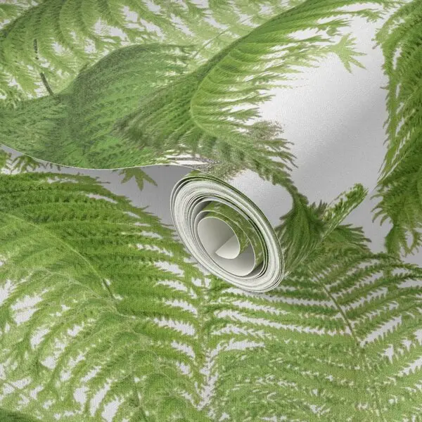Spoonflower Fern Green Greenery Botanical Classic Leaves Custom Pre-pasted Wallpaper - Green,white,sage