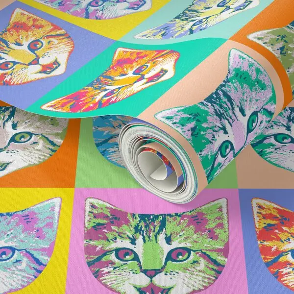 Spoonflower Cat Pop Kitten Head Cute Animal Colorful Art Retro Custom Removable Wallpaper