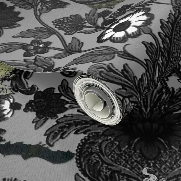 Spoonflower Halloween House Damask Grey Goth Spooky Evil Traditional Wallpaper - Gray,black