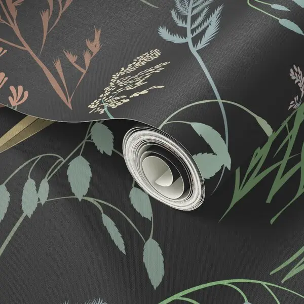 Spoonflower Wild Grass Dark Medium Custom Pre-pasted Wallpaper - Gray,blue
