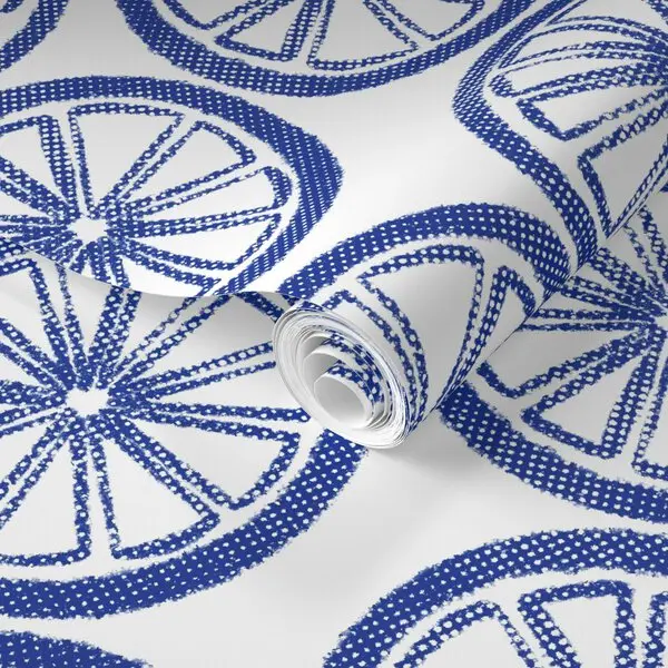 Spoonflower Blue Orange Fruit Citrus Summer Lemon Slices Traditional Wallpaper - Blue,gray