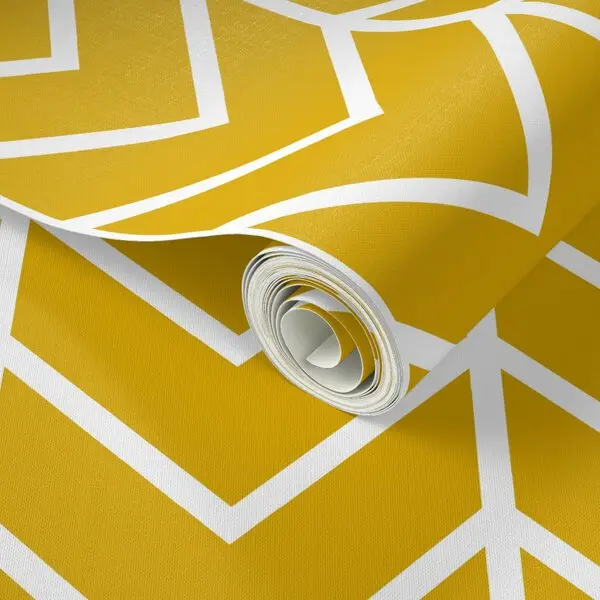 Spoonflower Mustard Yellow Gold White Chevron Geometric Simple Custom Removable Wallpaper - Brown,beige,yellow