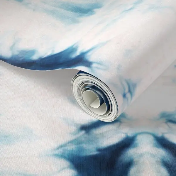 Spoonflower Shibori Blue Watercolor Indigo Boho Abstract Custom Removable Wallpaper - Blue,white,gray