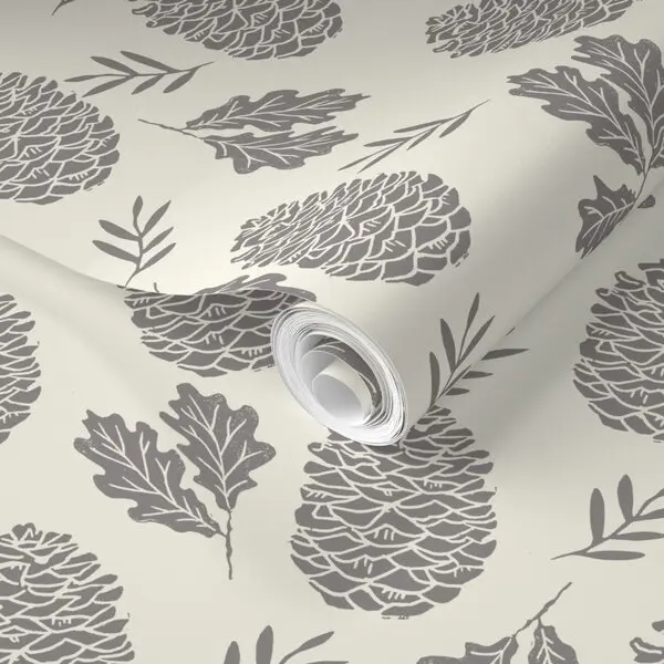 Spoonflower Nature Woodland Winter Outdoors Camping Pinecone Traditional Wallpaper - Gray
