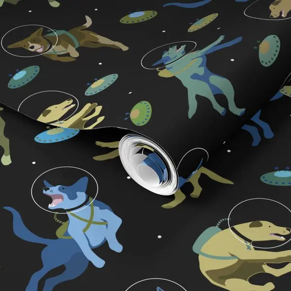 Spoonflower Space Dogs Flying Discs Large Cosmic Frisbee Custom Removable Wallpaper - Gray,green