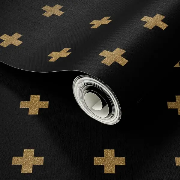 Spoonflower Black Modern Gold Geometric Grid Cross Custom Pre-pasted Wallpaper - Black,brown,green