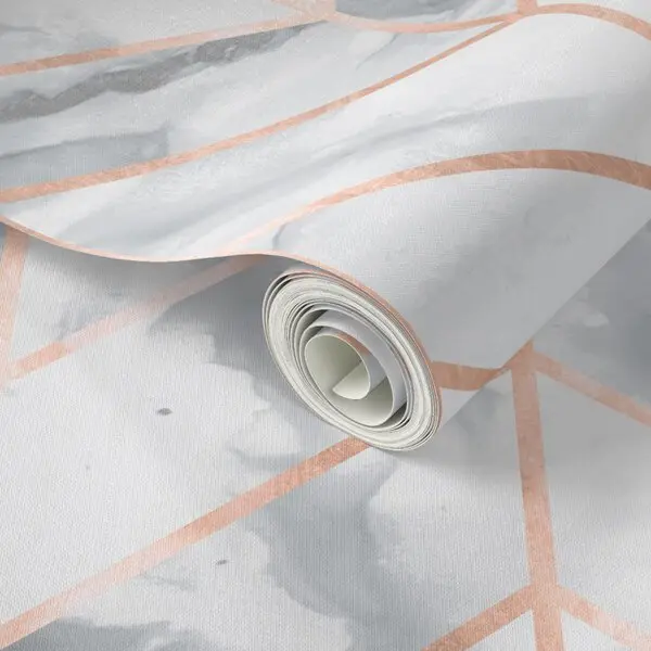 Spoonflower Rose Gold Look Marble Herringbone Geometric Custom Pre-pasted Wallpaper - Gray,gold,white
