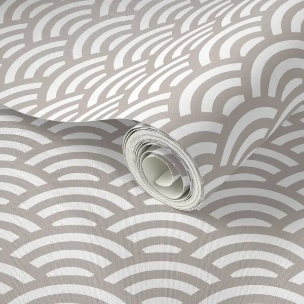 Spoonflower White Warm Gray Scallop Circle Wave Scale Japanese Custom Pre-pasted Wallpaper