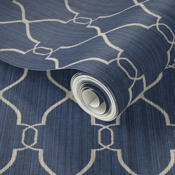 Spoonflower Indigo Batik Lattice Trellis Quatrefoil Custom Removable Wallpaper - Blue,gray