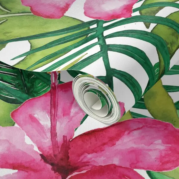 Spoonflower Pink Green Flowers Hibiscus Pattern Jungle Custom Pre-pasted Wallpaper