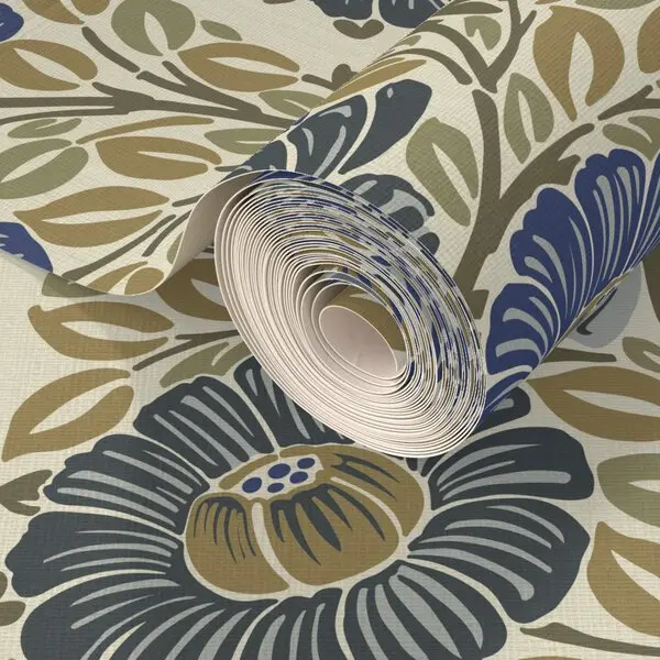 Spoonflower Zinnia Tile In 100% Natural Sisal Grasscloth Wallcovering - Blue