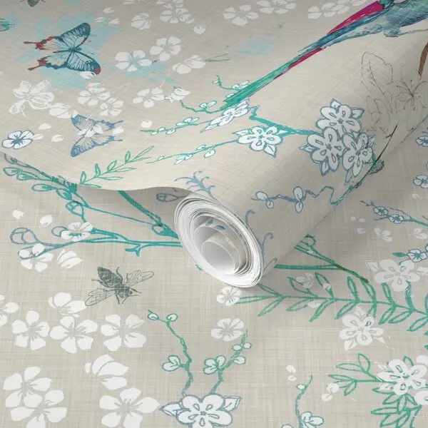 Spoonflower Bird Bees Hive Spring Summer Nature Garden Custom Removable Wallpaper - Beige,blue,sage
