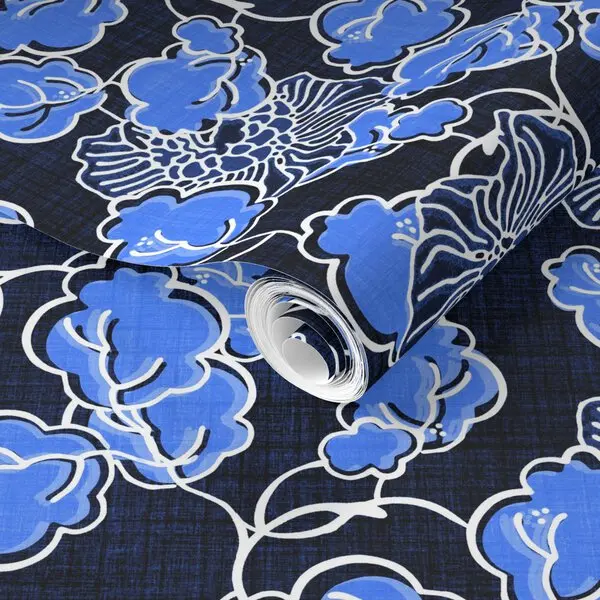 Spoonflower Joan Flowers Blue Cobalt Custom Pre-pasted Wallpaper - Black,blue