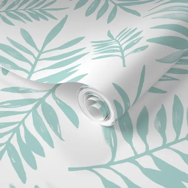 Spoonflower Palm Leaves Leaf Garden Plants Botanical Summer Custom Pre-pasted Wallpaper - Blue,teal,white
