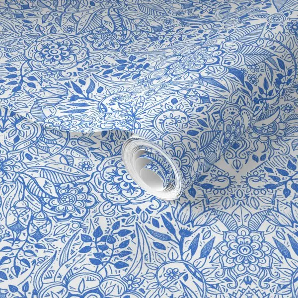 Spoonflower Floral Leaves Doodle Botanical Detailed Traditional Wallpaper - Blue,white